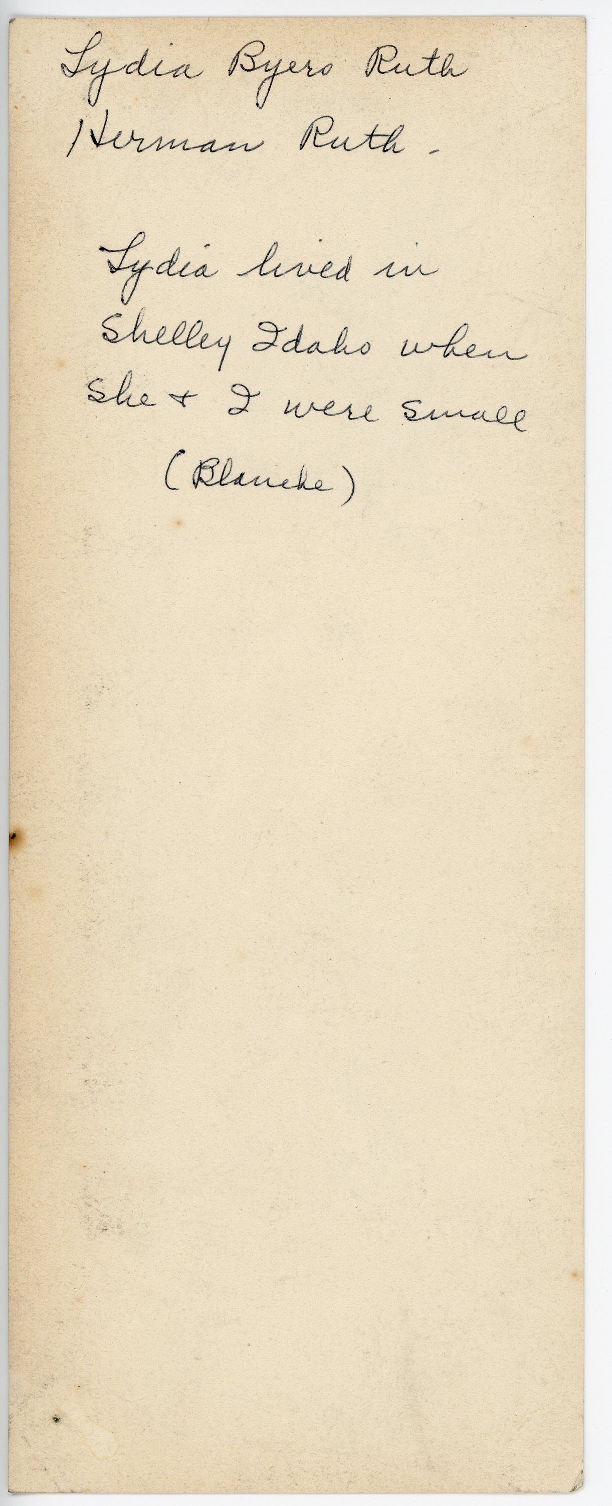 BYERS, Lydia & Herman Ruth – photo back – the genealogy girl